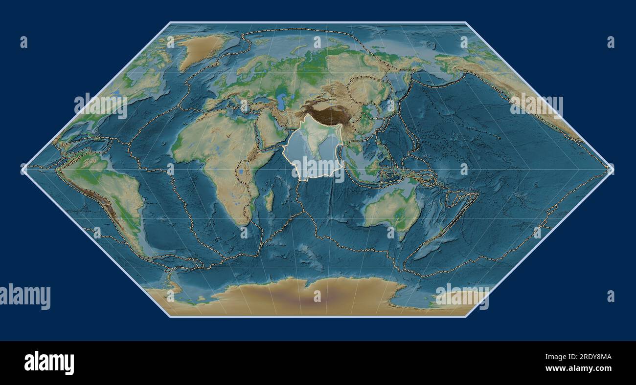 Indian tectonic plate on the physical elevation map in the Eckert I ...