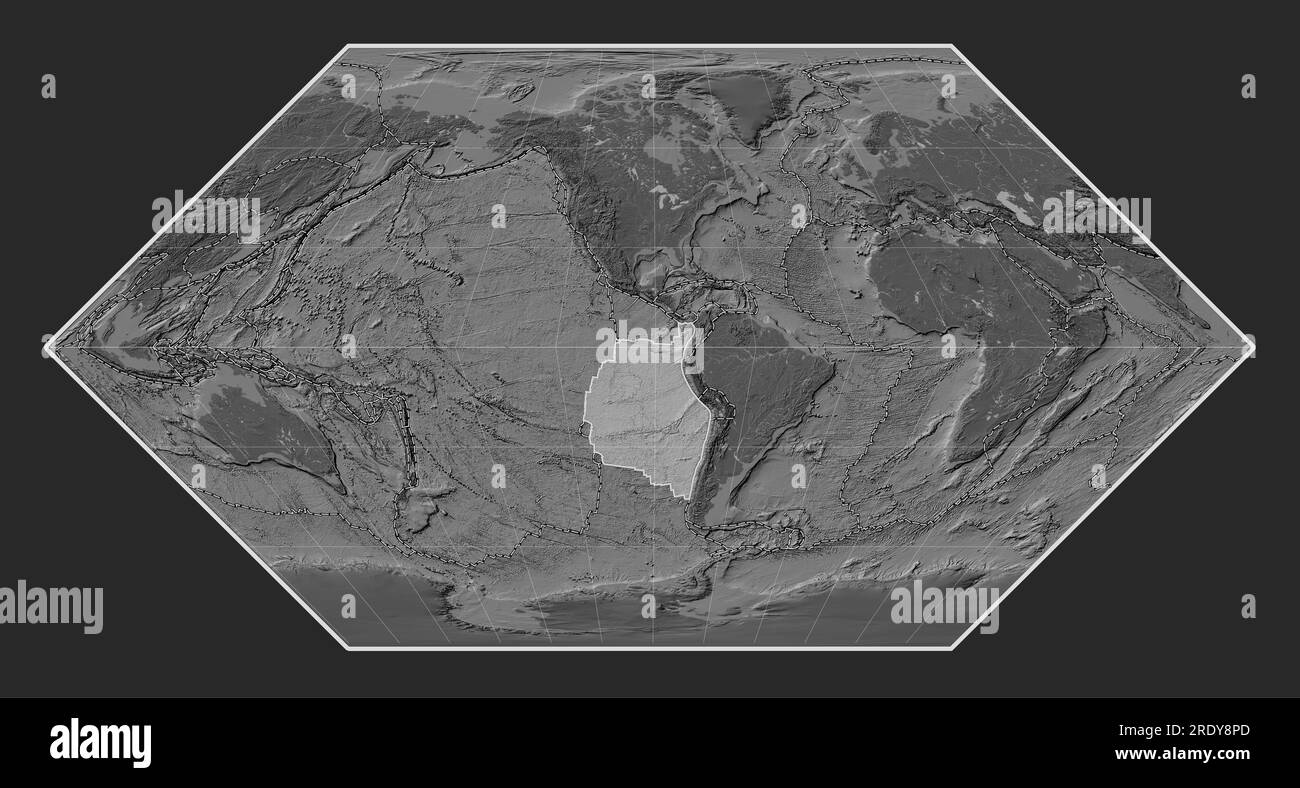 Nazca tectonic plate on the bilevel elevation map in the Eckert I ...