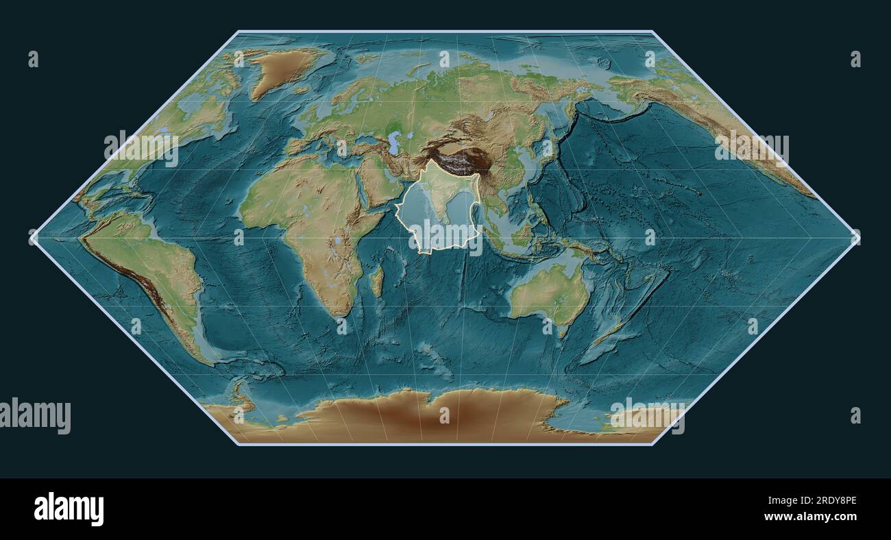Indian tectonic plate on the Wiki style elevation map in the Eckert I ...