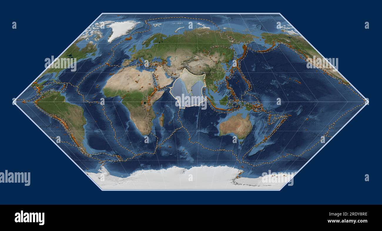 Indian tectonic plate on the Blue Marble satellite map in the Eckert I ...