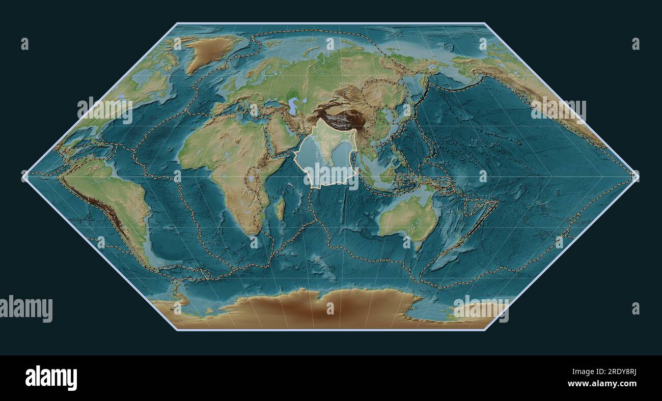Indian tectonic plate on the Wiki style elevation map in the Eckert I ...