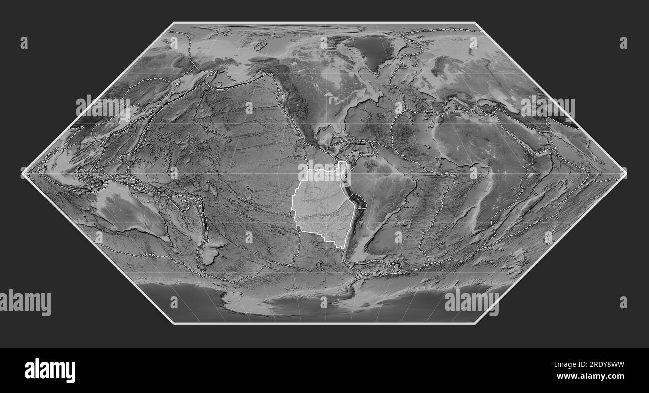 Nazca tectonic plate on the grayscale elevation map in the Eckert I ...