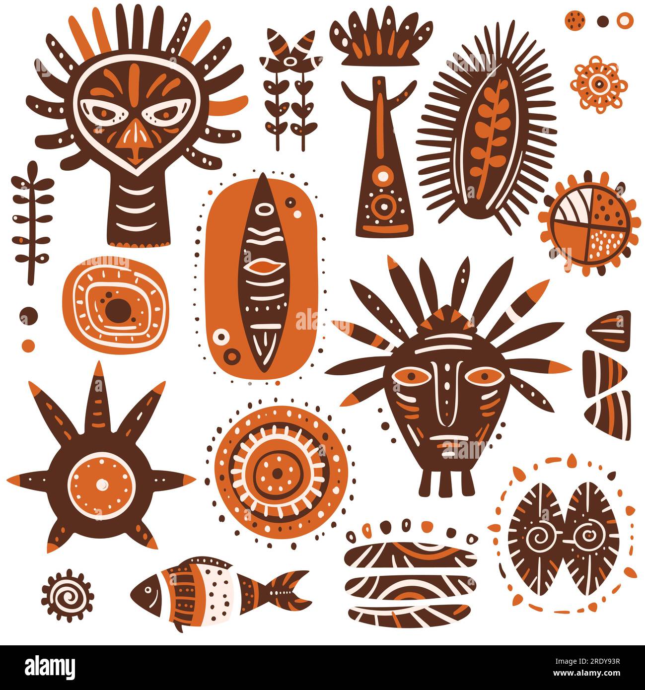 Set of ethnic ornaments. Geometric patterns and silhouettes of fish ...