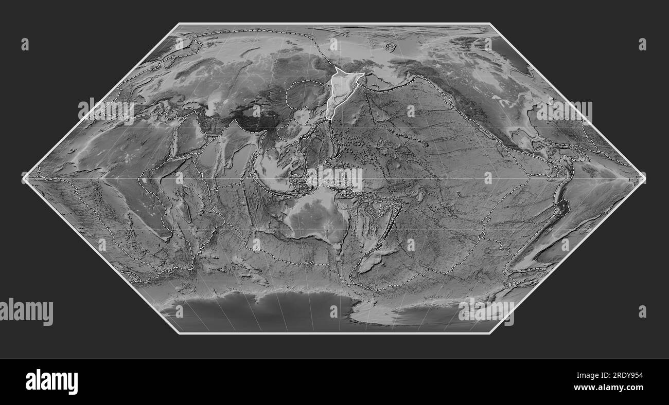 Okhotsk Tectonic Plate On The Grayscale Elevation Map In The Eckert I Projection Centered