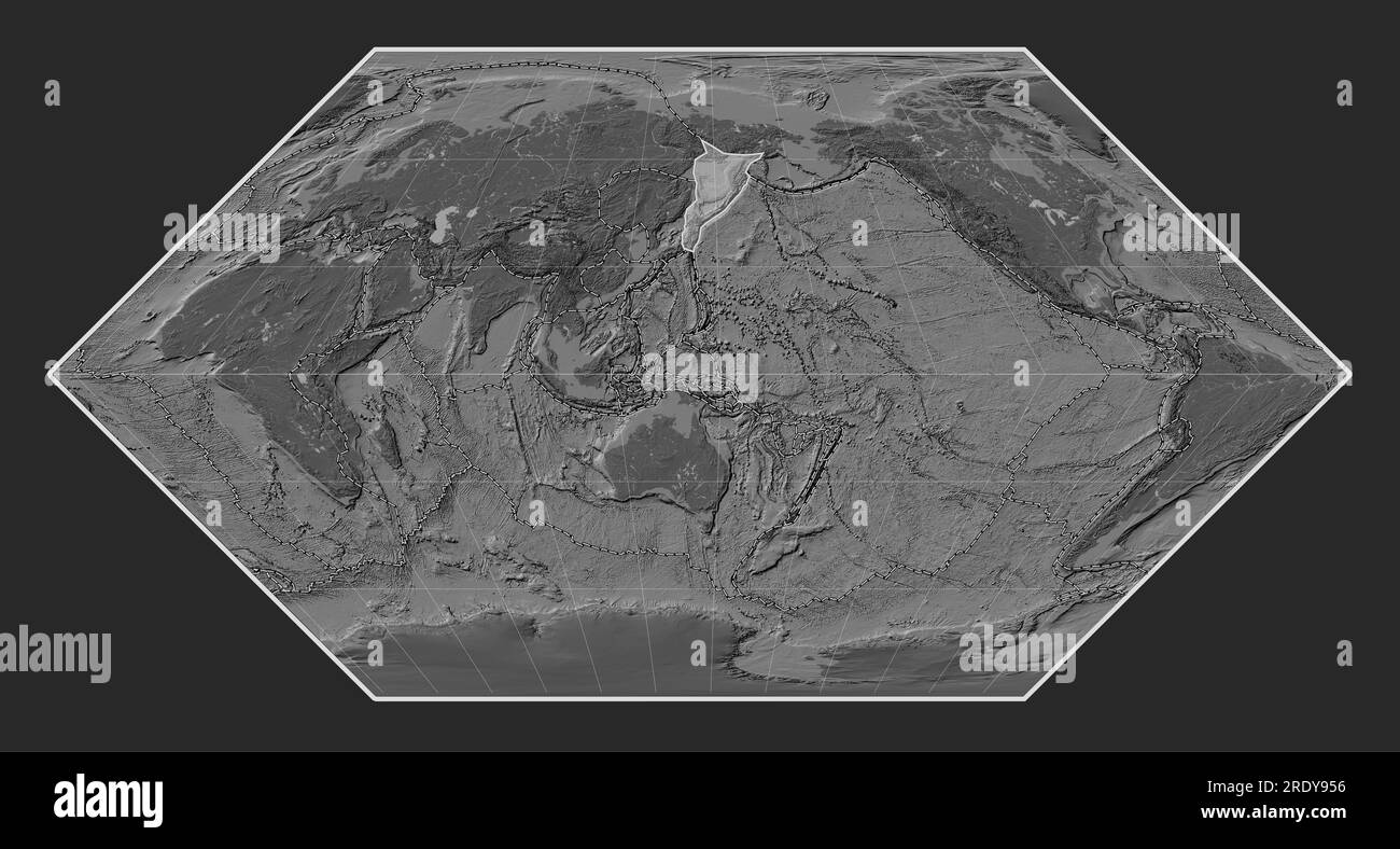 Okhotsk Tectonic Plate On The Bilevel Elevation Map In The Eckert I Projection Centered