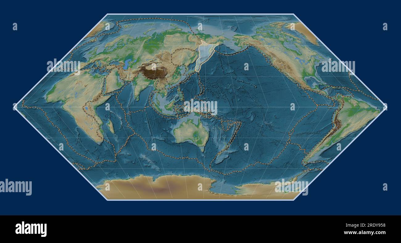 Okhotsk tectonic plate on the physical elevation map in the Eckert I ...