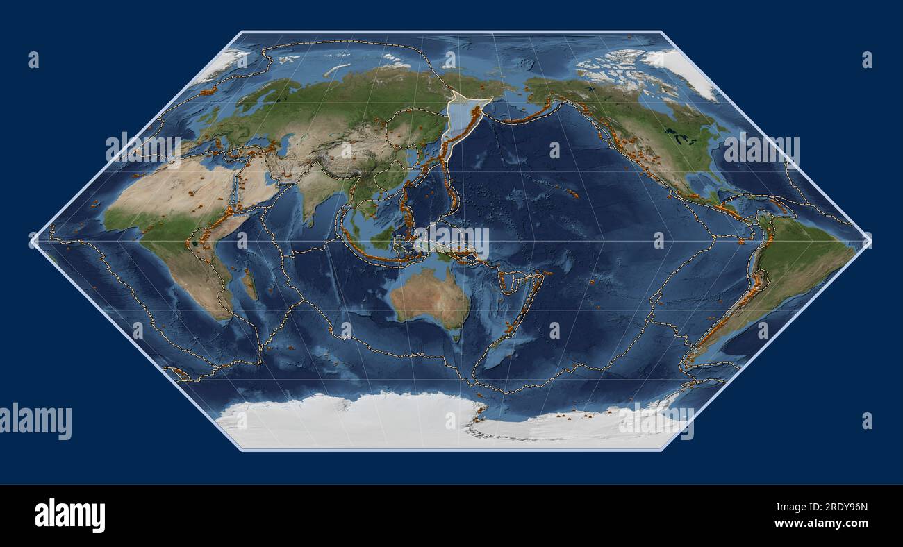 Okhotsk tectonic plate on the Blue Marble satellite map in the Eckert I ...