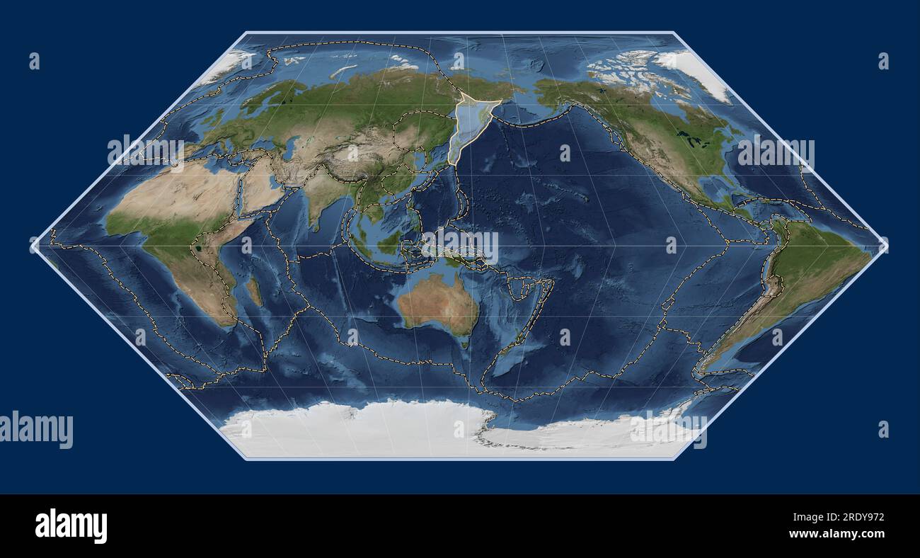 Okhotsk tectonic plate on the Blue Marble satellite map in the Eckert I ...