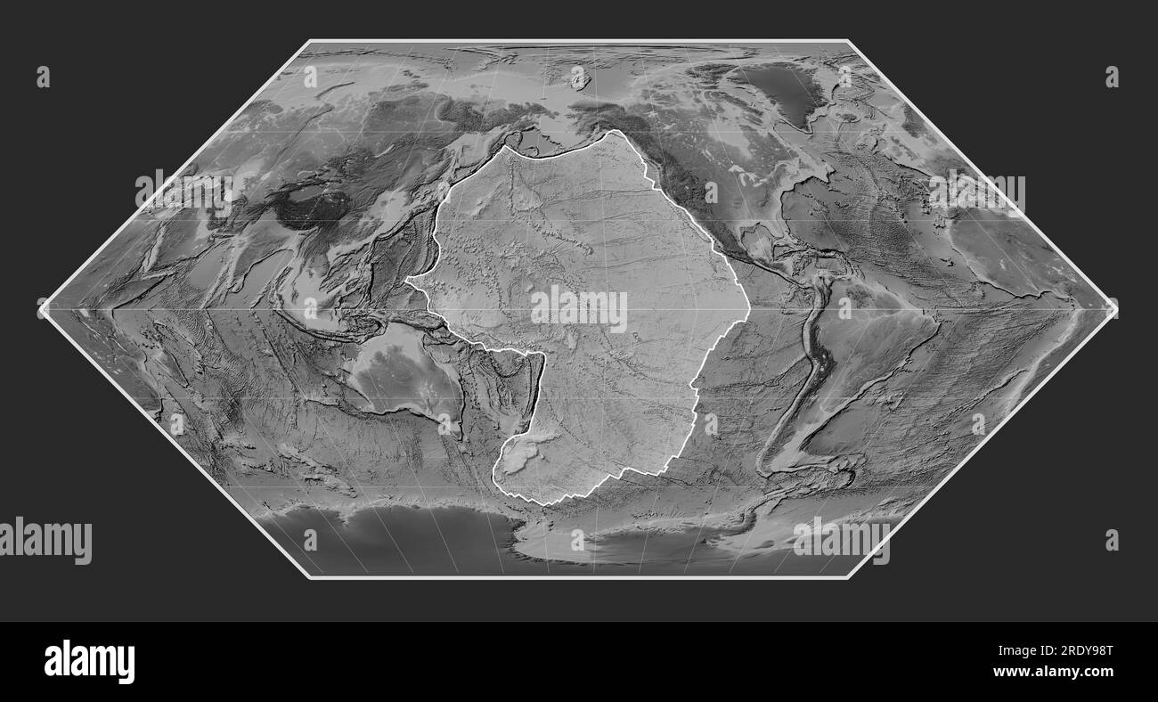Pacific tectonic plate on the grayscale elevation map in the Eckert I ...