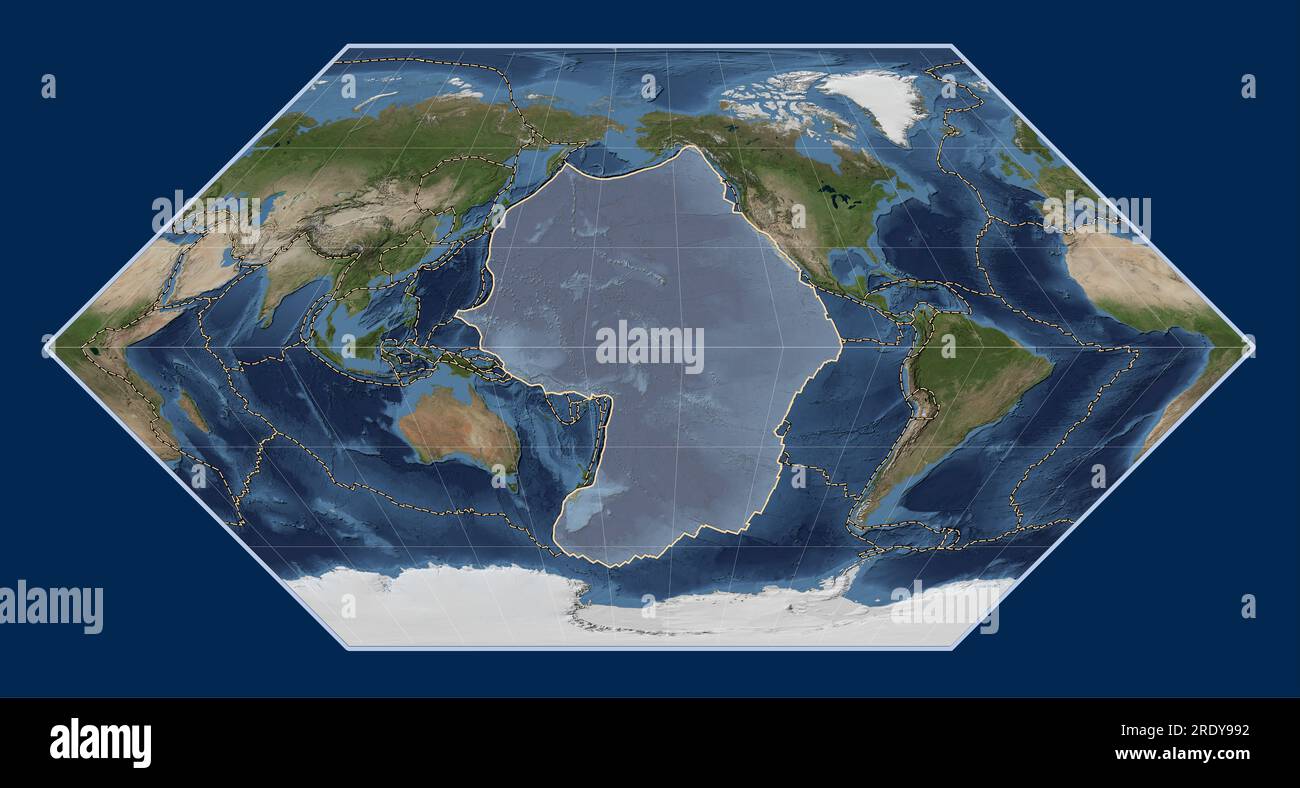 Pacific tectonic plate on the Blue Marble satellite map in the Eckert I ...