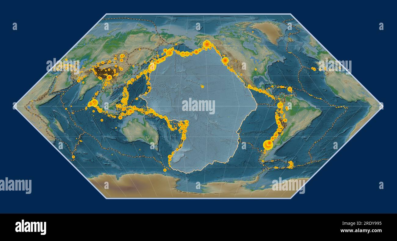 Pacific tectonic plate on the physical elevation map in the Eckert I ...