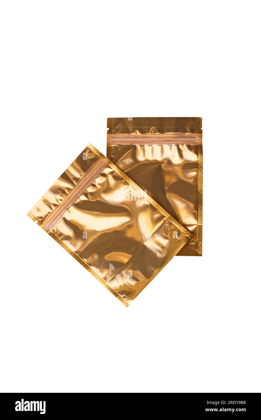 Golden metalized pouch bags isolated on white background. Empty blank ...