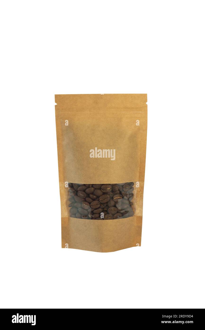 Brown kraft paper pouch bags with coffee beans front view isolated on a ...