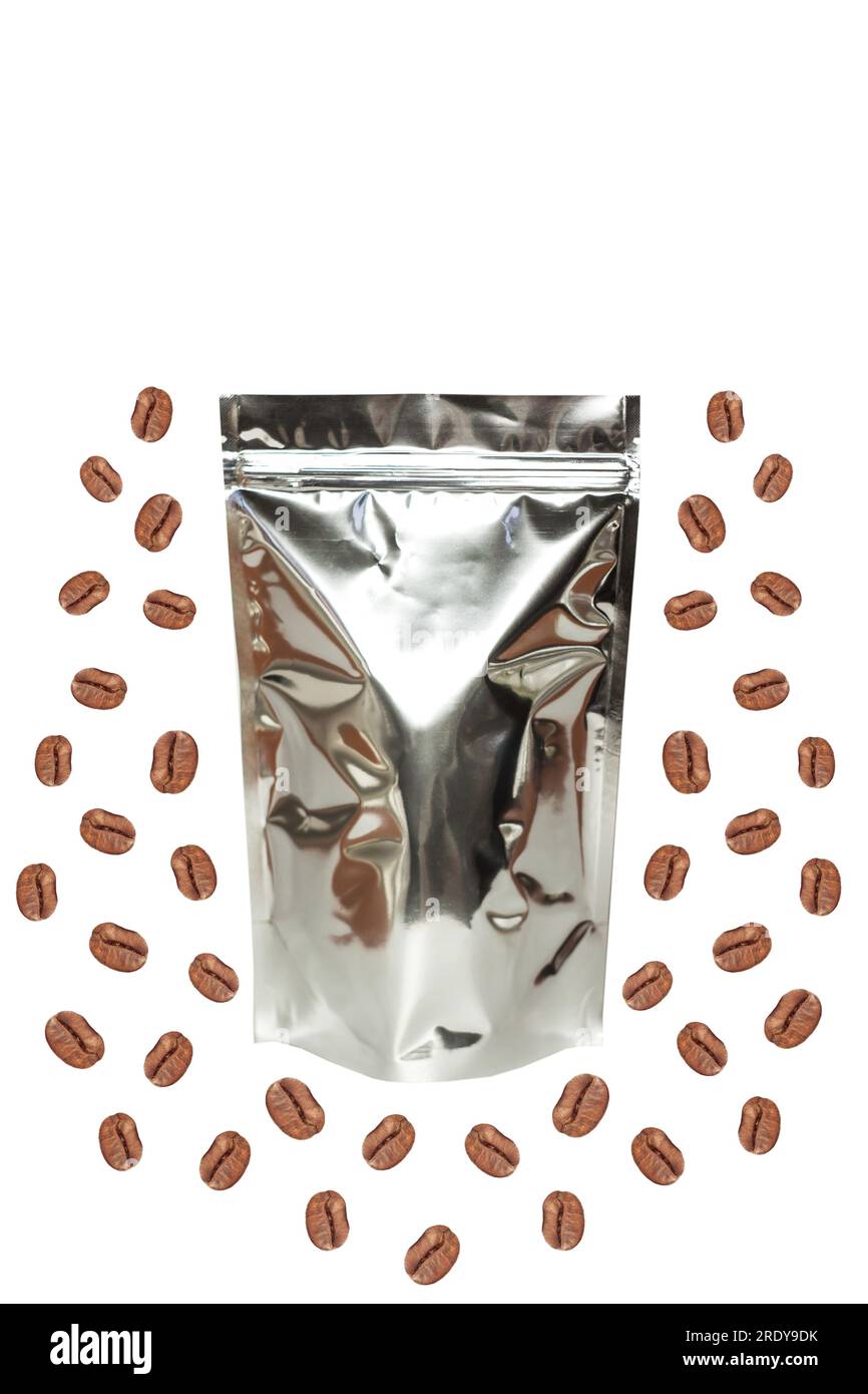 Silver metallized pouch bag with coffee beans front view isolated on a ...