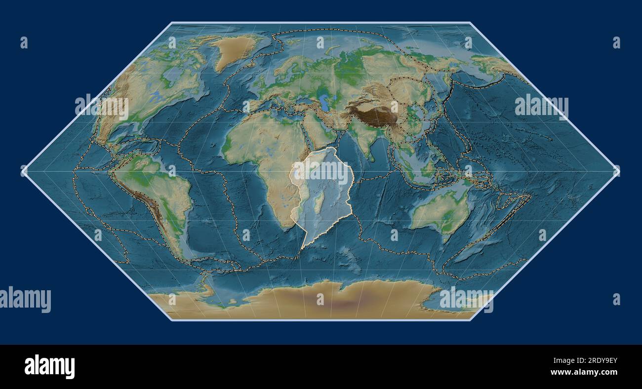 Somalian tectonic plate on the physical elevation map in the Eckert I ...