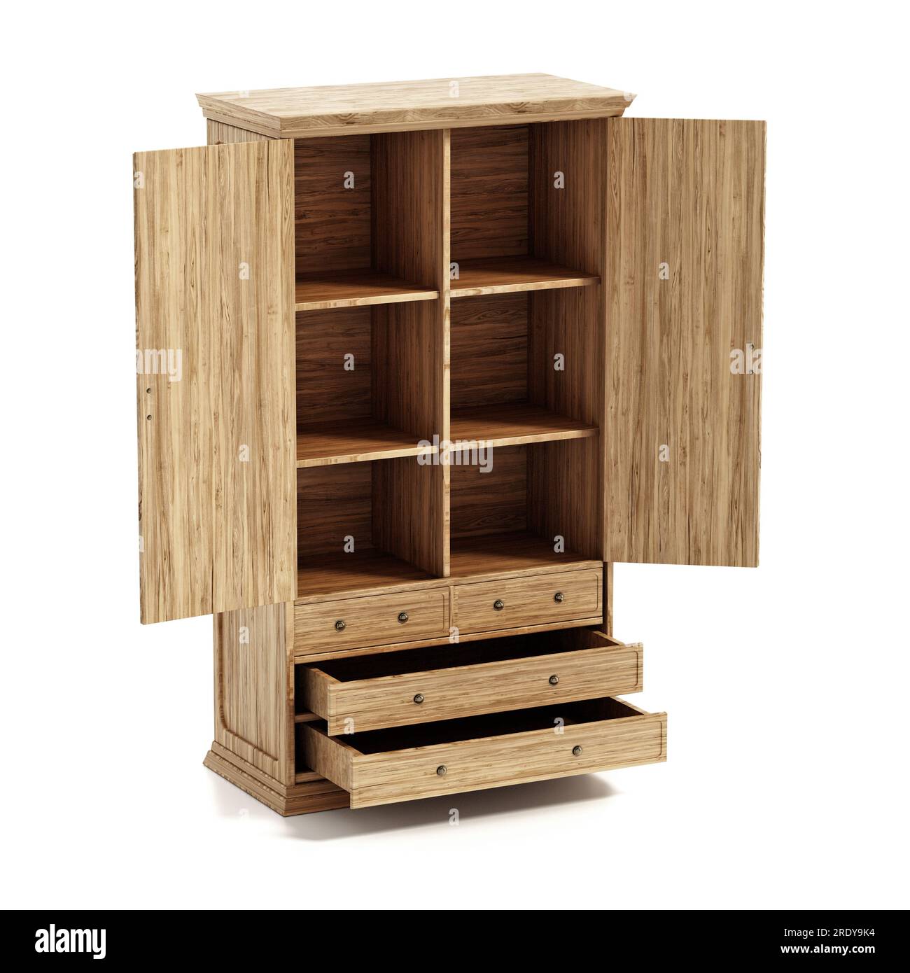 Vintage style wooden wardrobe with open drawers isolated on white ...