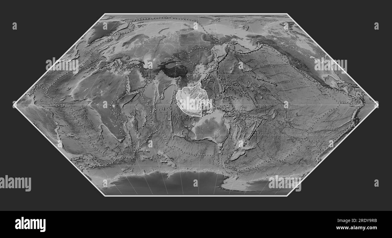Sunda tectonic plate on the grayscale elevation map in the Eckert I ...