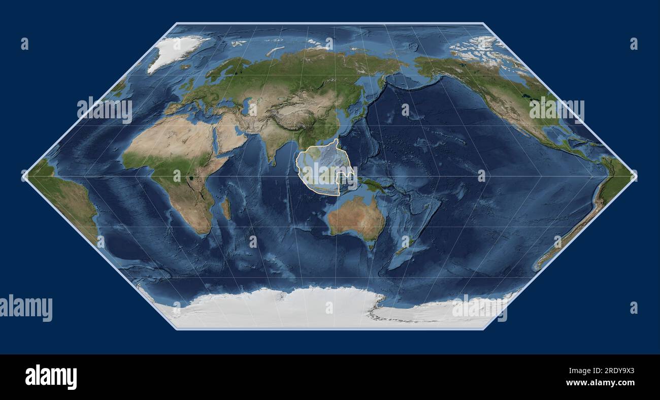 Sunda tectonic plate on the Blue Marble satellite map in the Eckert I ...