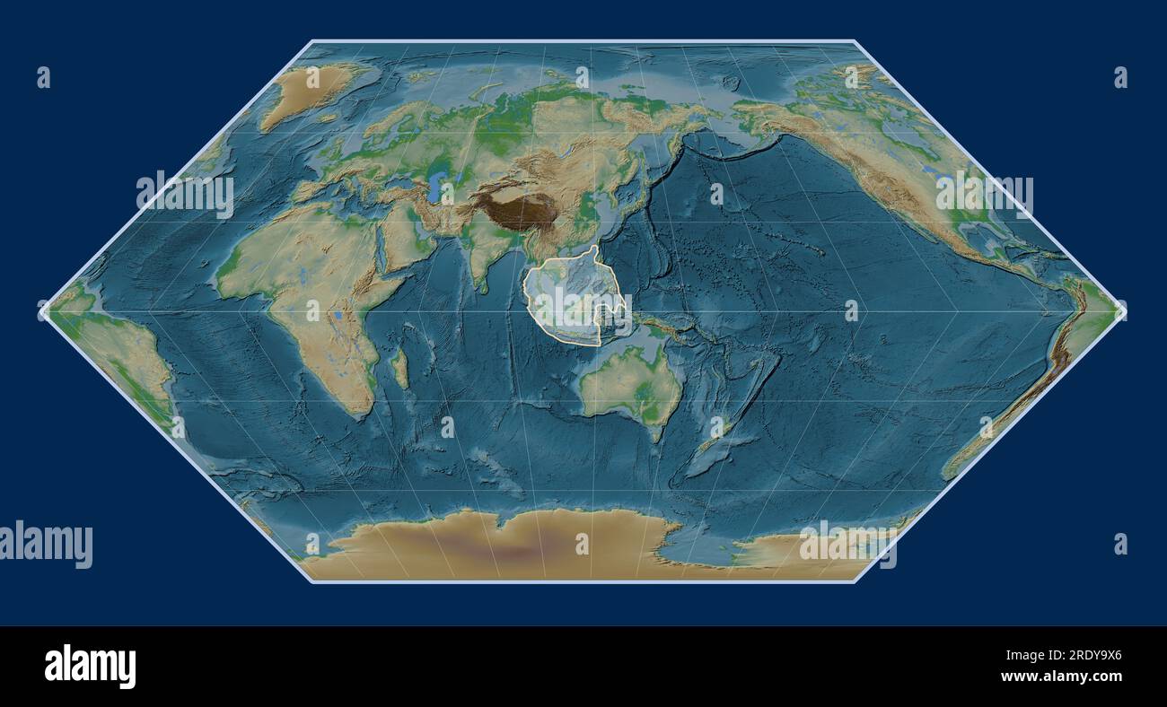 Sunda tectonic plate on the physical elevation map in the Eckert I ...