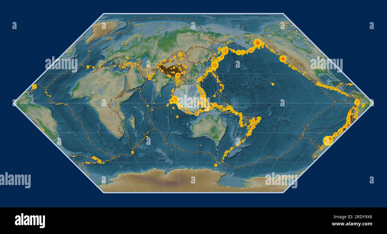 Sunda tectonic plate on the physical elevation map in the Eckert I ...