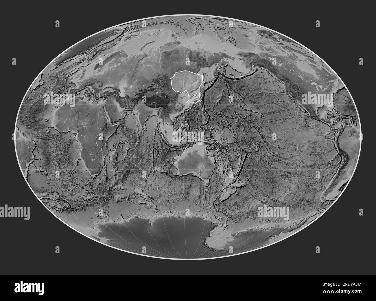 Amur Tectonic Plate On The Grayscale Elevation Map In The Fahey Projection Centered Meridionally