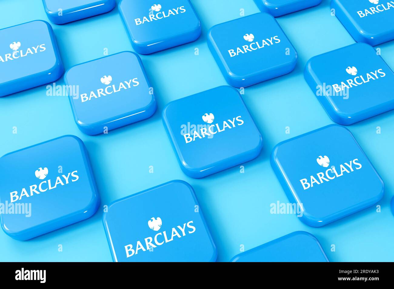 LONDON, UK - July 2023: Barclays bank blue and white company logo. 3D ...