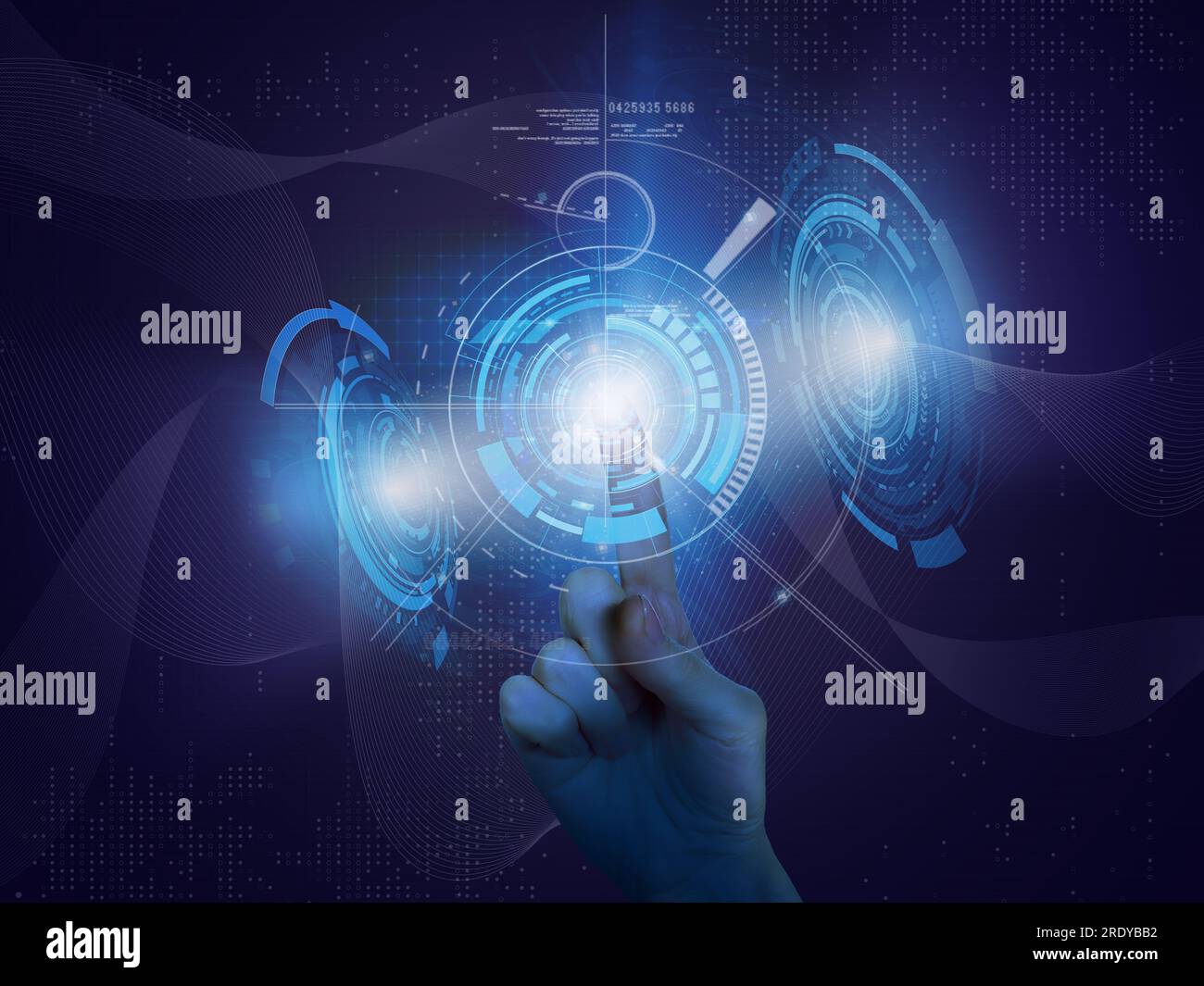 Woman's hand touching futuristic digital HUD interface with index finger. Technology background ...