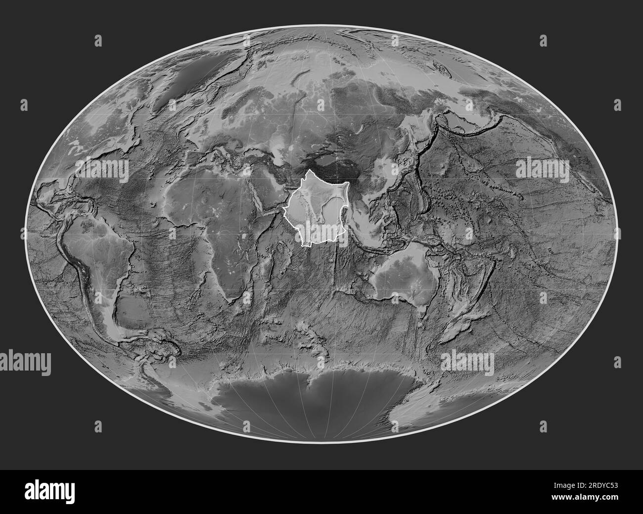Indian tectonic plate on the grayscale elevation map in the Fahey ...