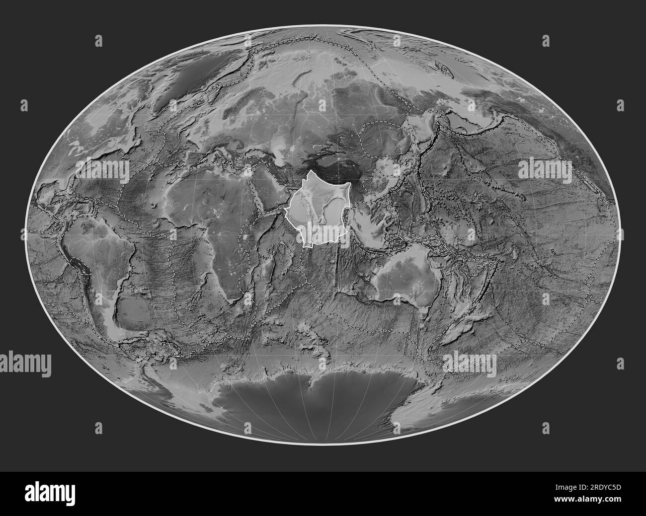 Indian tectonic plate on the grayscale elevation map in the Fahey ...