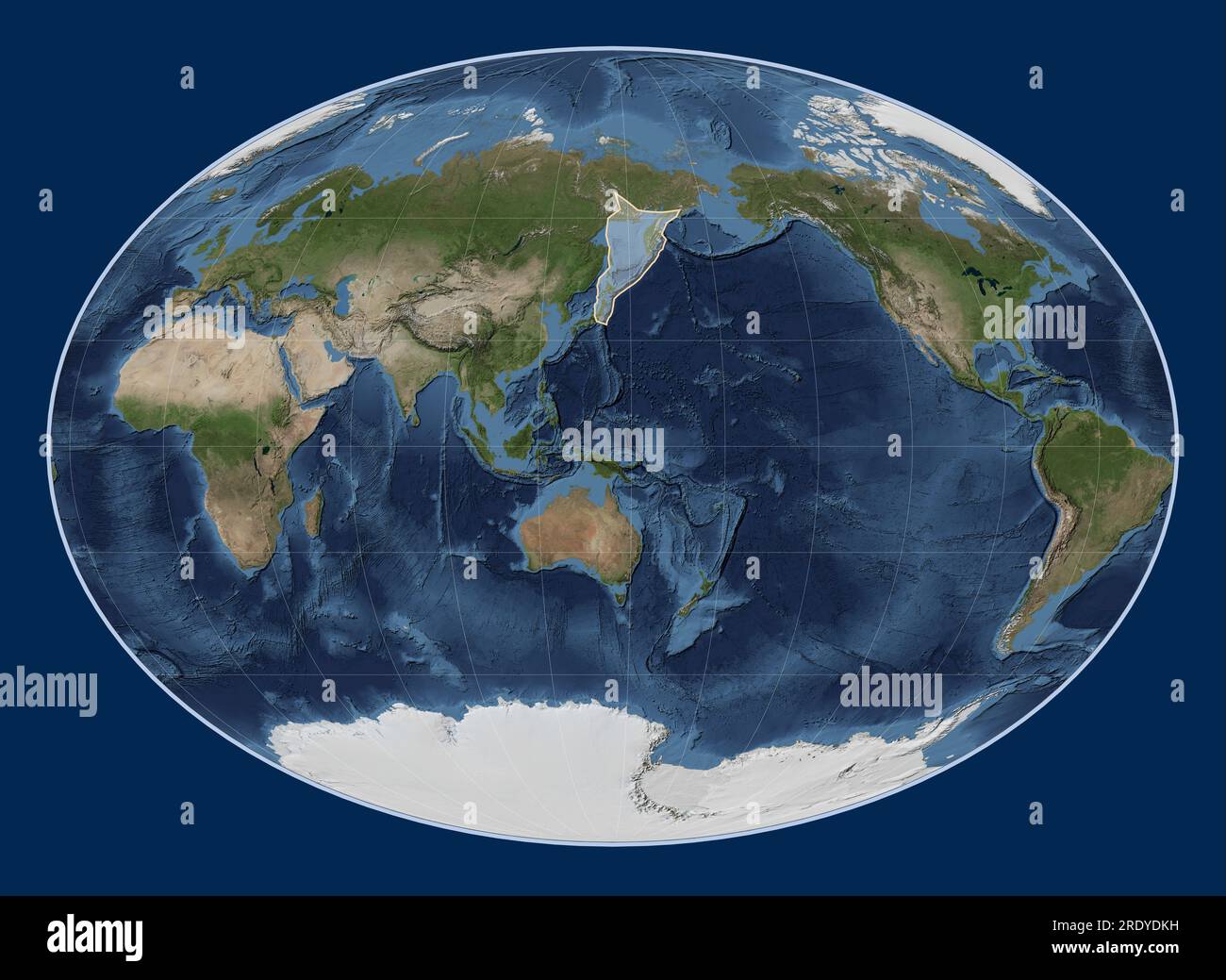 Okhotsk tectonic plate on the Blue Marble satellite map in the Fahey projection centered ...