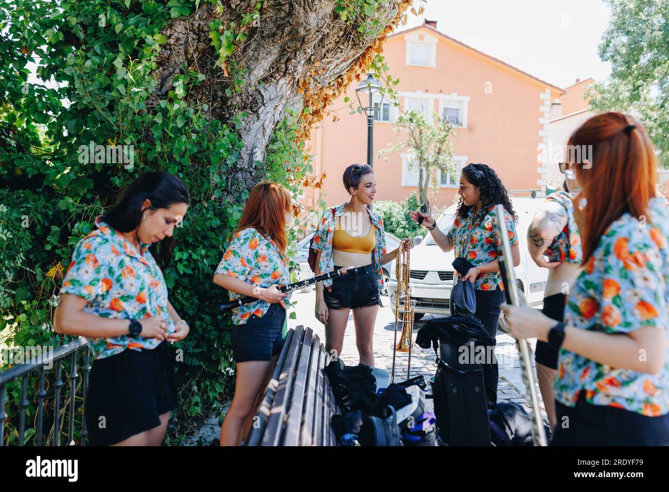 Women's folk group with musical instruments talking to each other Stock ...