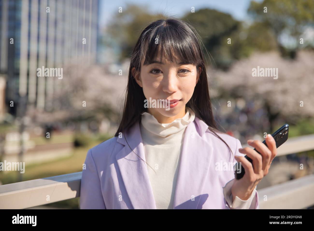 A portrait of Japanese woman with smartphone behind cherry blossom bust ...
