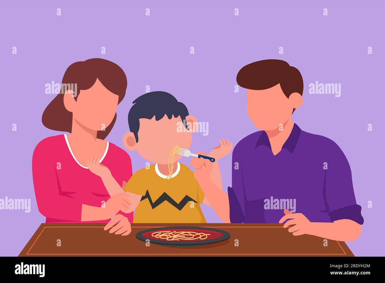 Graphic flat design drawing young family having lunch together in ...