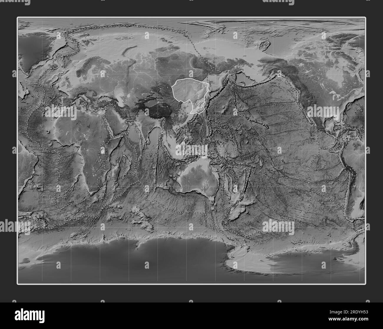 Amur Tectonic Plate On The Grayscale Elevation Map In The Gall Stereographic Projection Centered