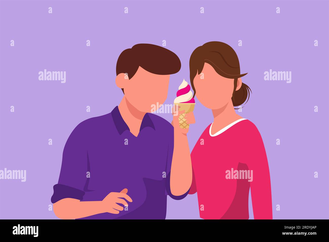 Graphic flat design drawing of romantic couple standing and sharing ice ...
