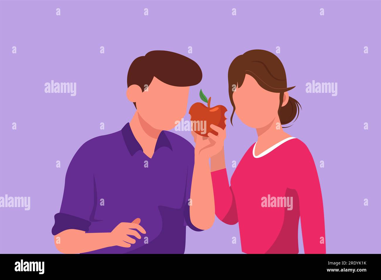 Cartoon flat style drawing young couple sharing apple. Man giving red ...