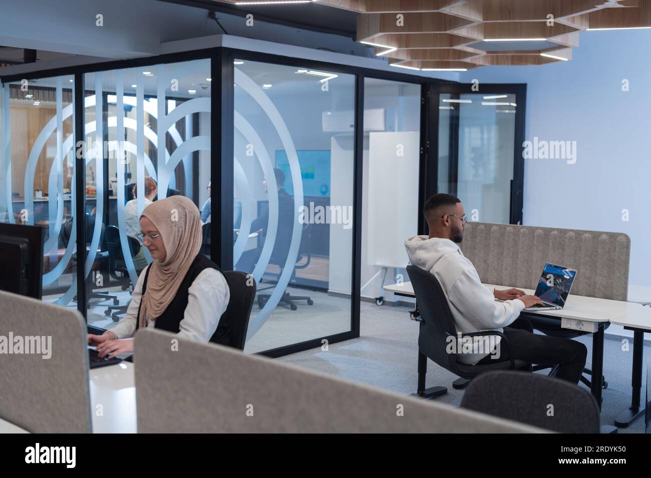 In a modern office setting, an African American businessman and his ...