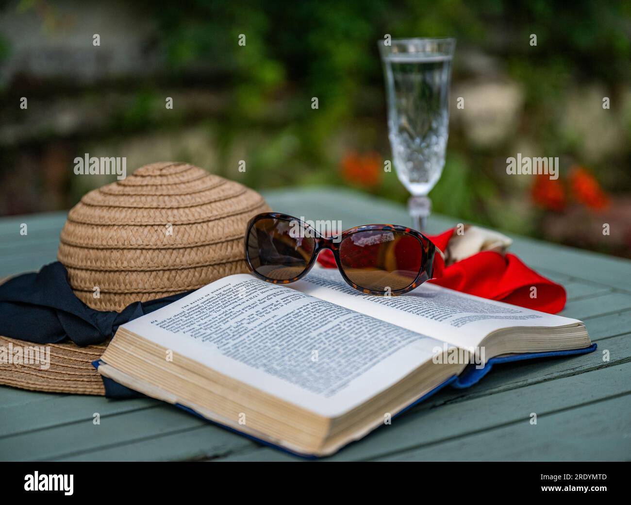 Summer iconic scene of a hot lazy summers day - a sun hat, book, a ...