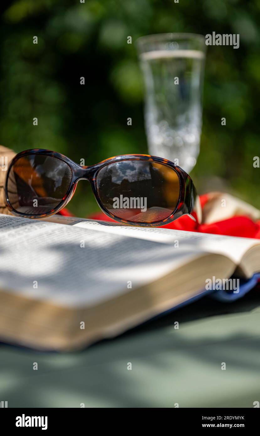 Summer iconic scene of a hot lazy summers day - a sun hat, book, a ...