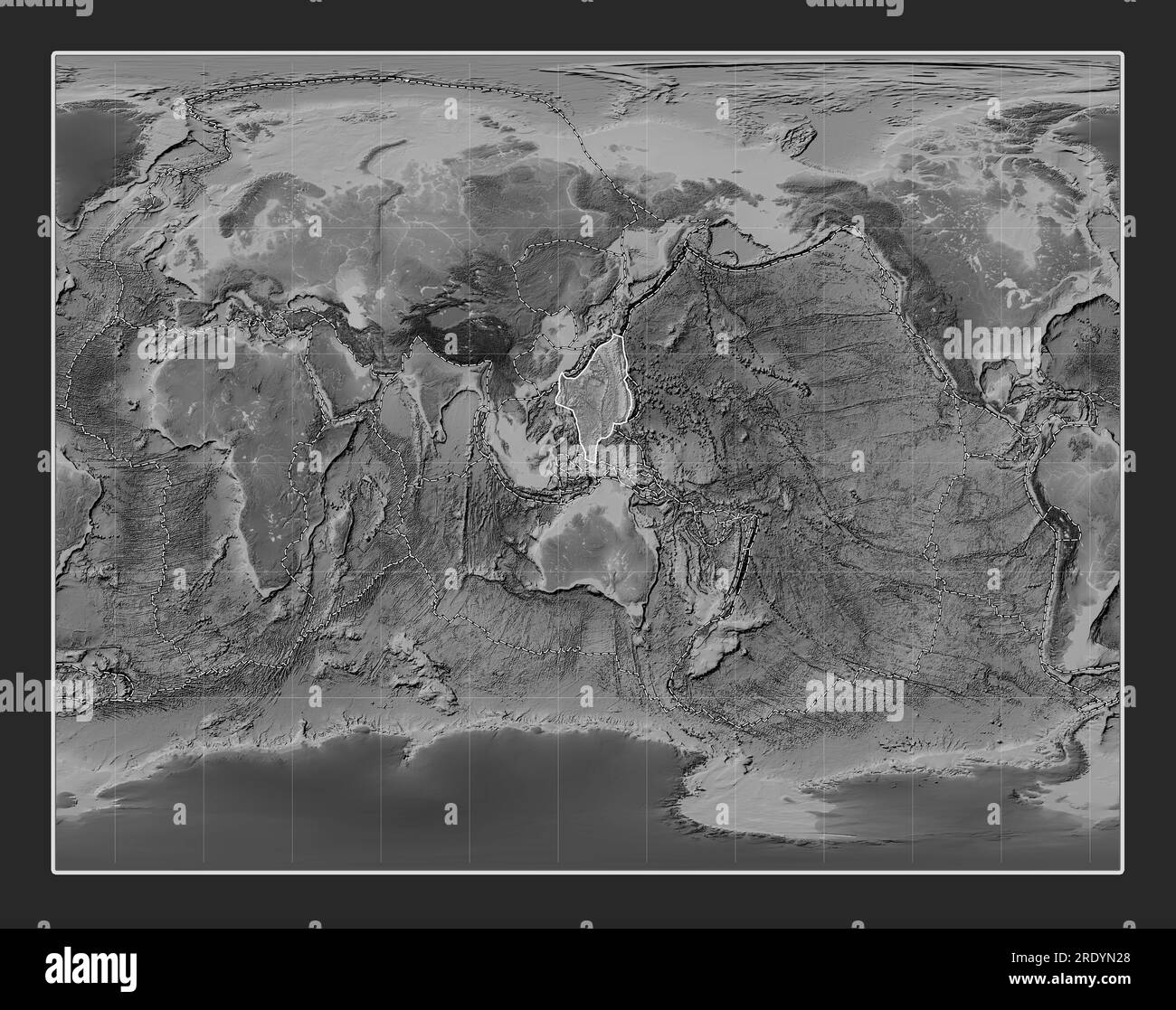 Philippine Sea tectonic plate on the grayscale elevation map in the ...