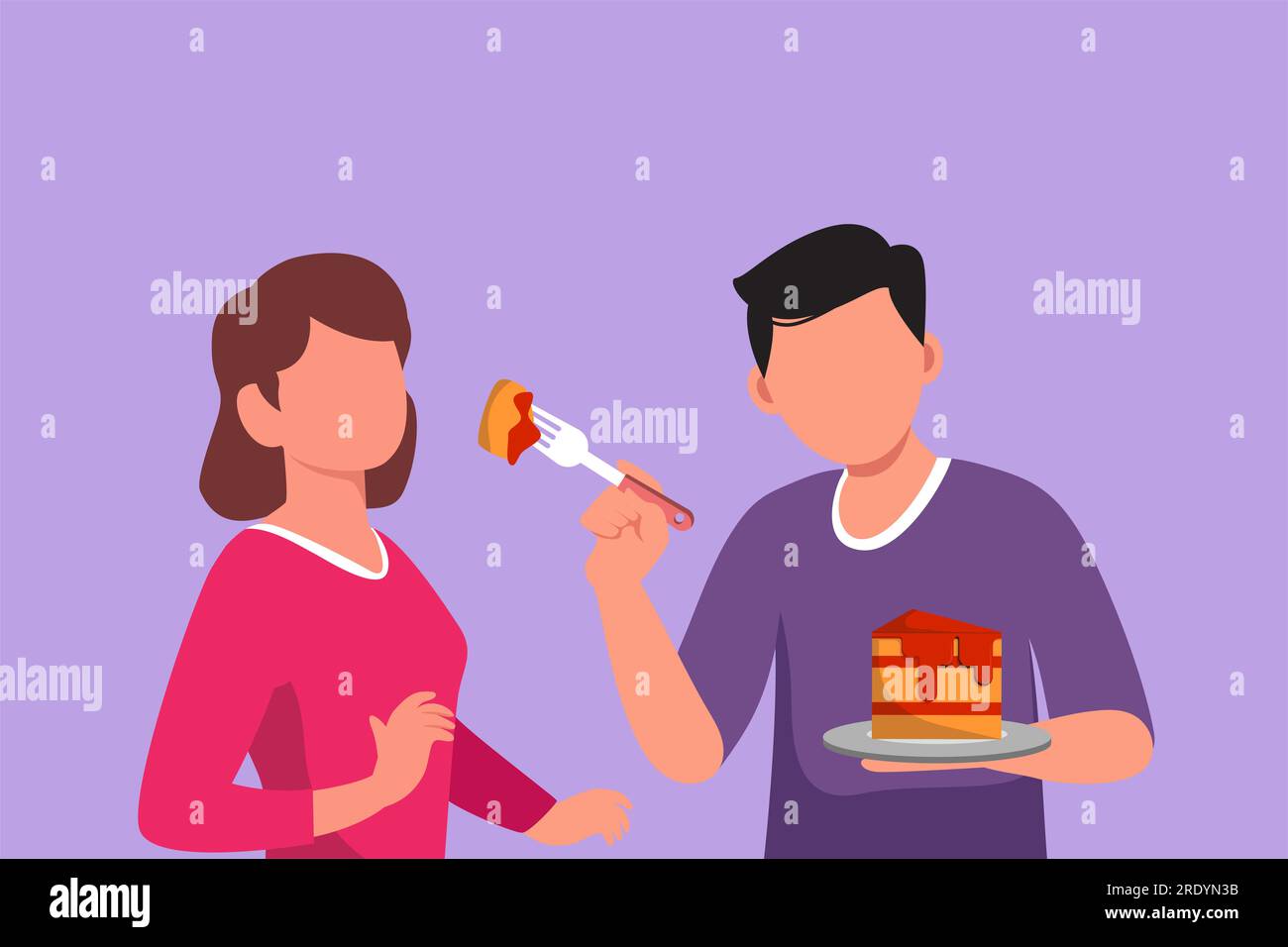 Graphic flat design drawing of loving couple eating cake together. Man ...