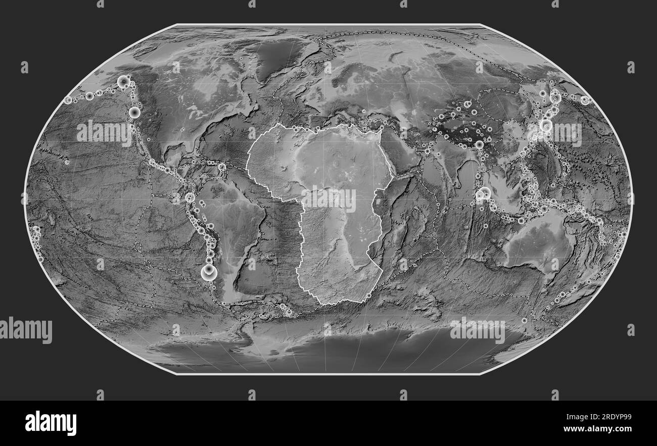 African tectonic plate on the grayscale elevation map in the Kavrayskiy ...