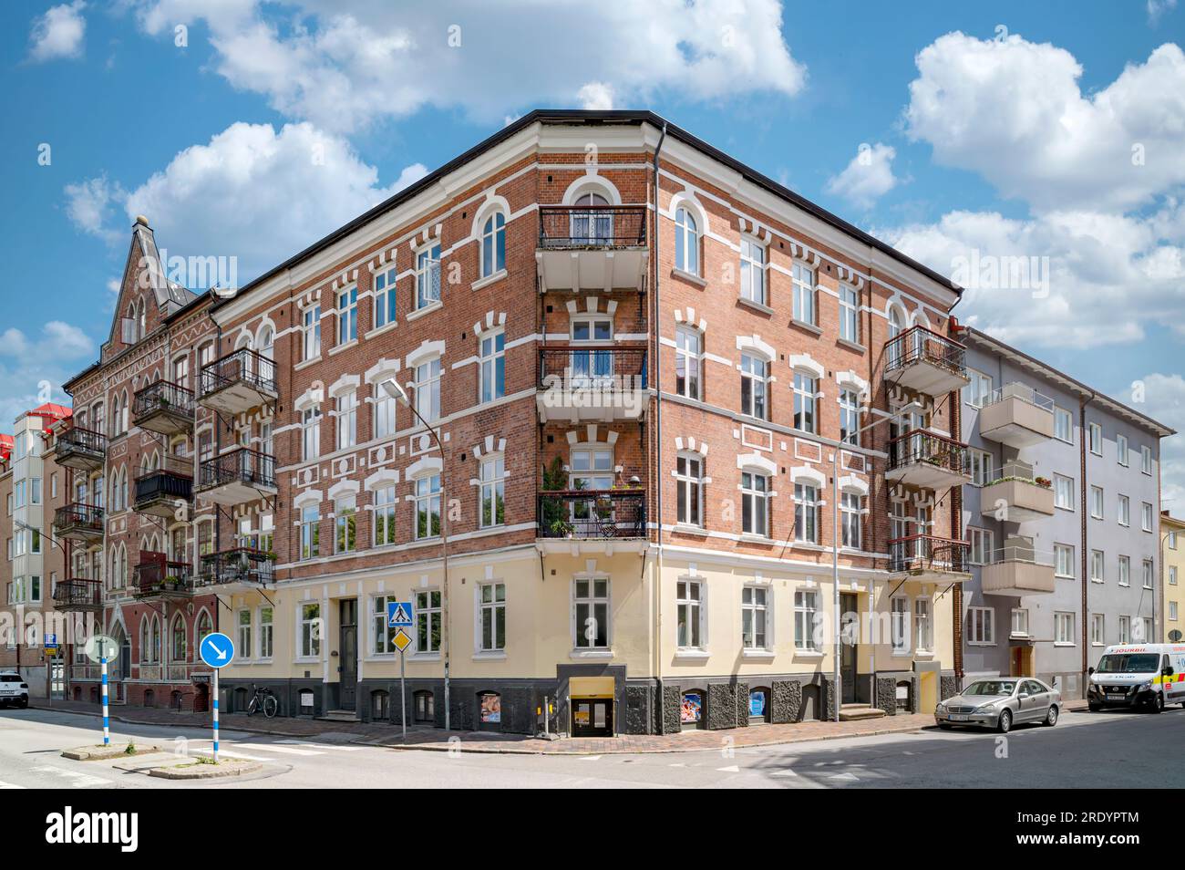 HELSINGBORG, SWEDEN - JULY 16, 2023: Corner facade of one of the cities ...