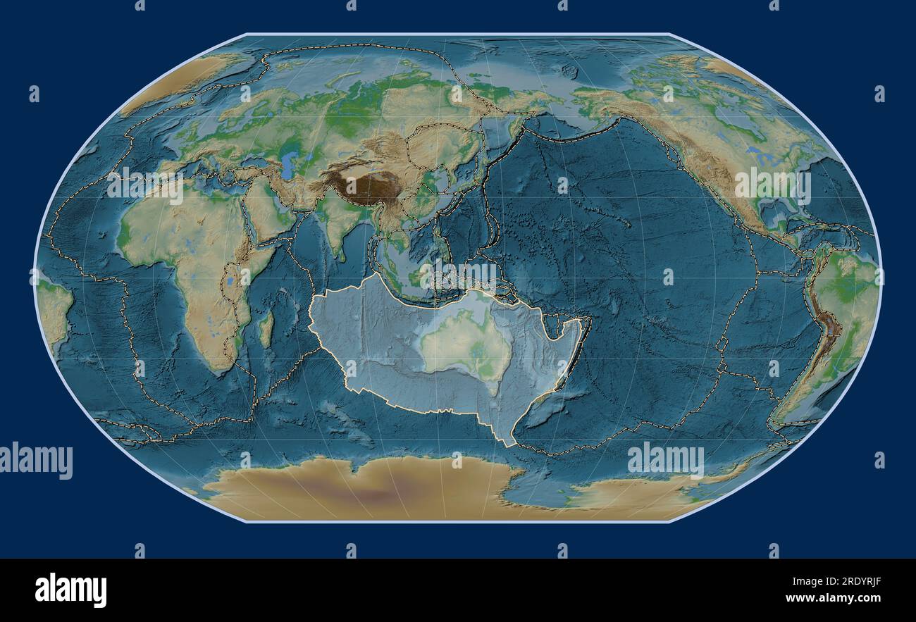 Australian tectonic plate on the physical elevation map in the ...
