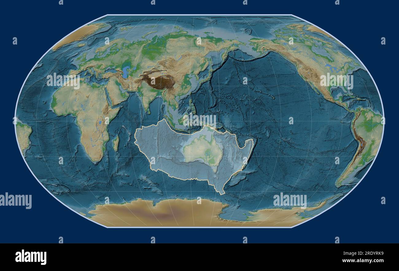 Australian tectonic plate on the physical elevation map in the ...
