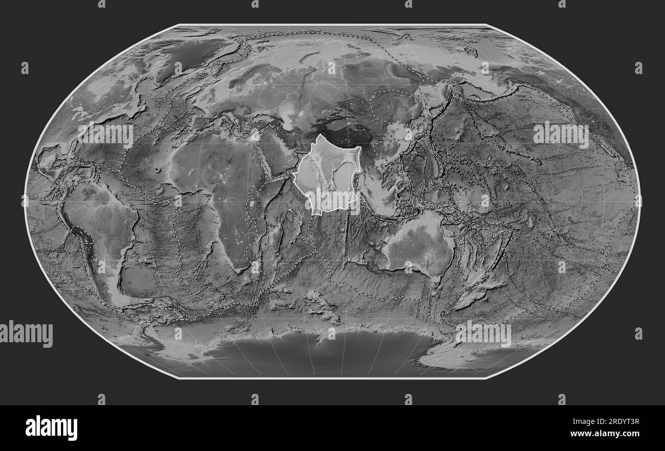 Indian tectonic plate on the grayscale elevation map in the Kavrayskiy ...