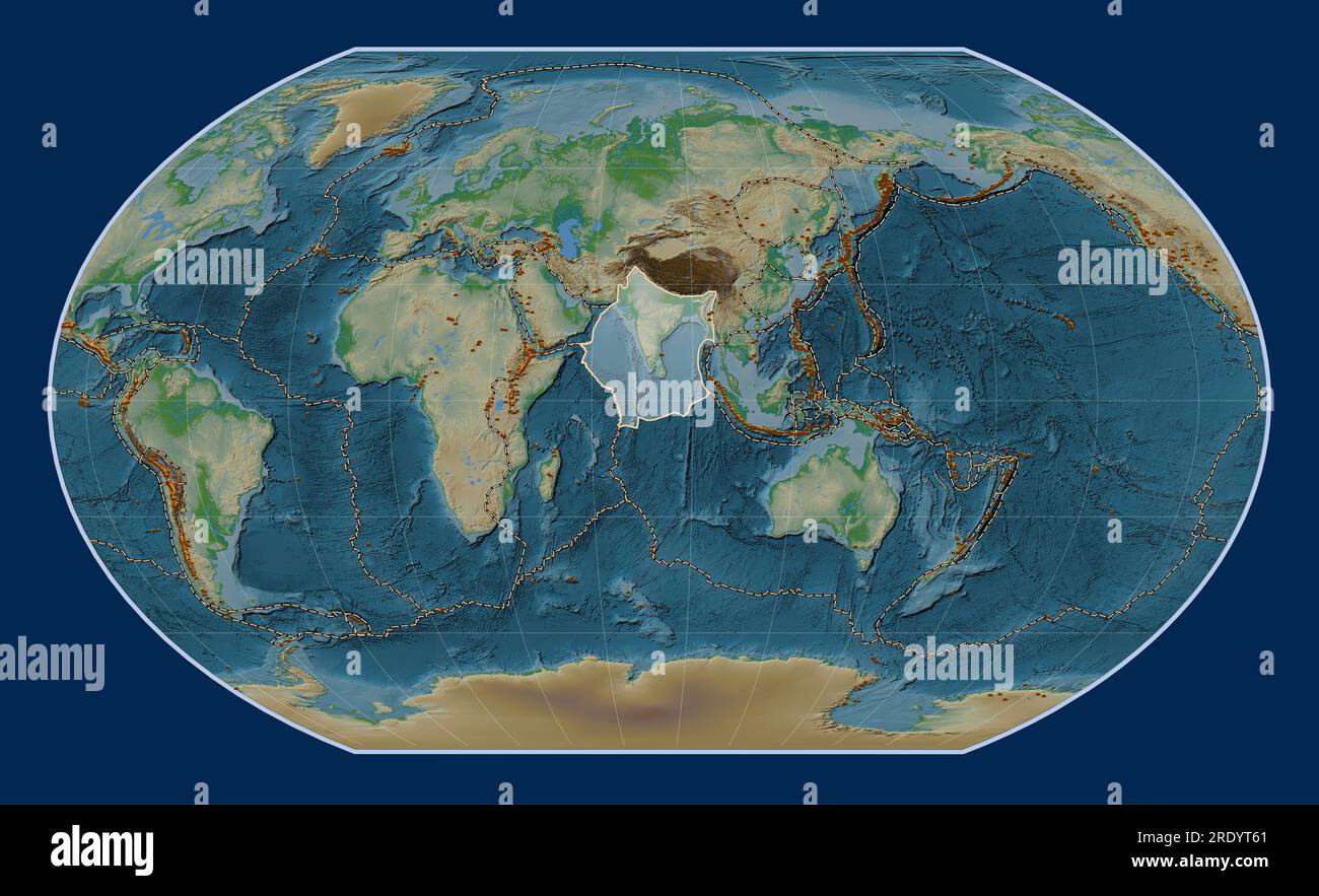 Indian tectonic plate on the physical elevation map in the Kavrayskiy ...