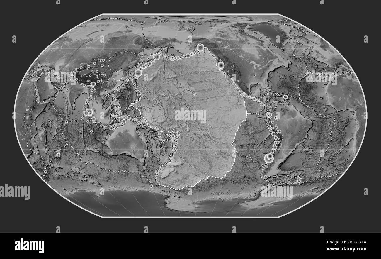 Pacific tectonic plate on the grayscale elevation map in the Kavrayskiy ...