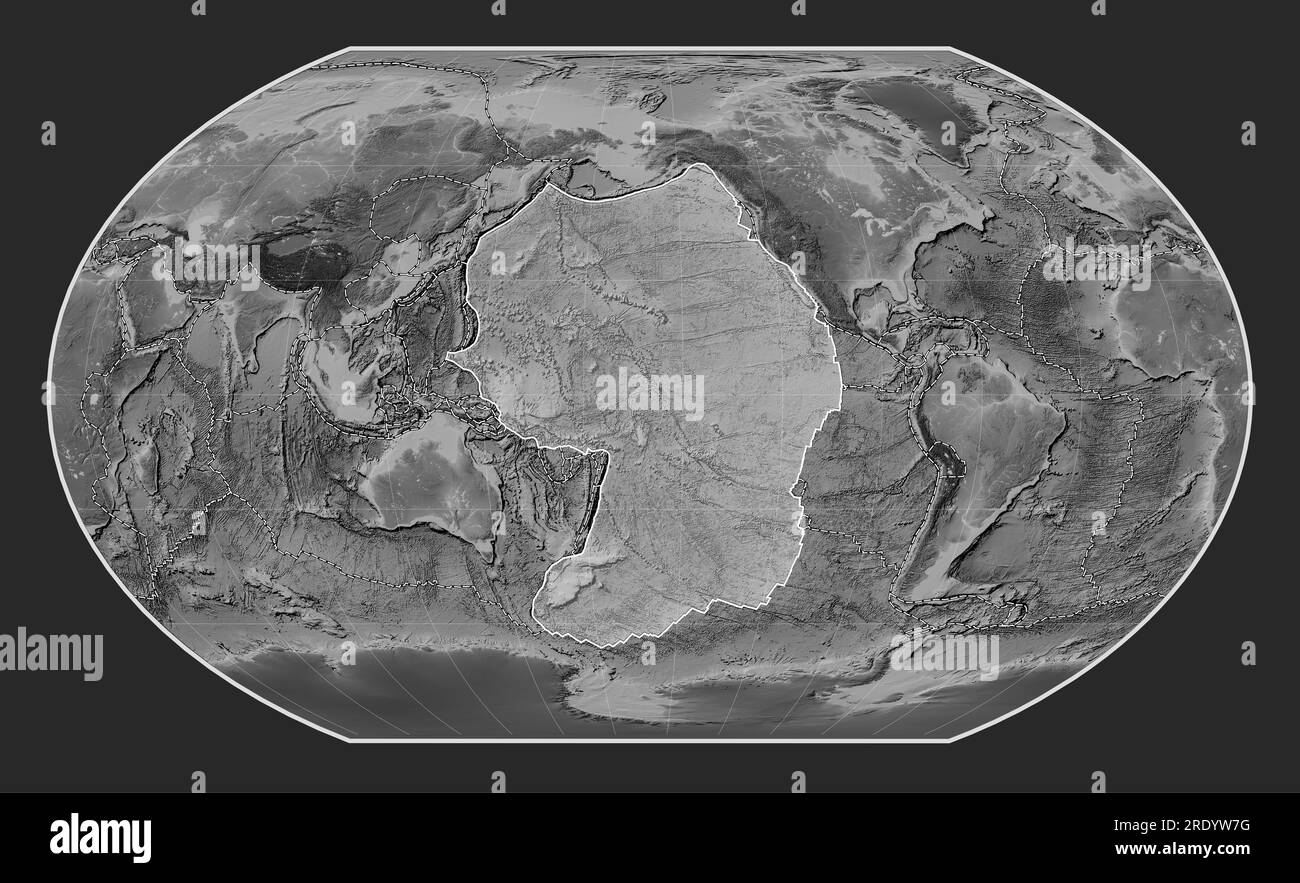 Pacific tectonic plate on the grayscale elevation map in the Kavrayskiy ...