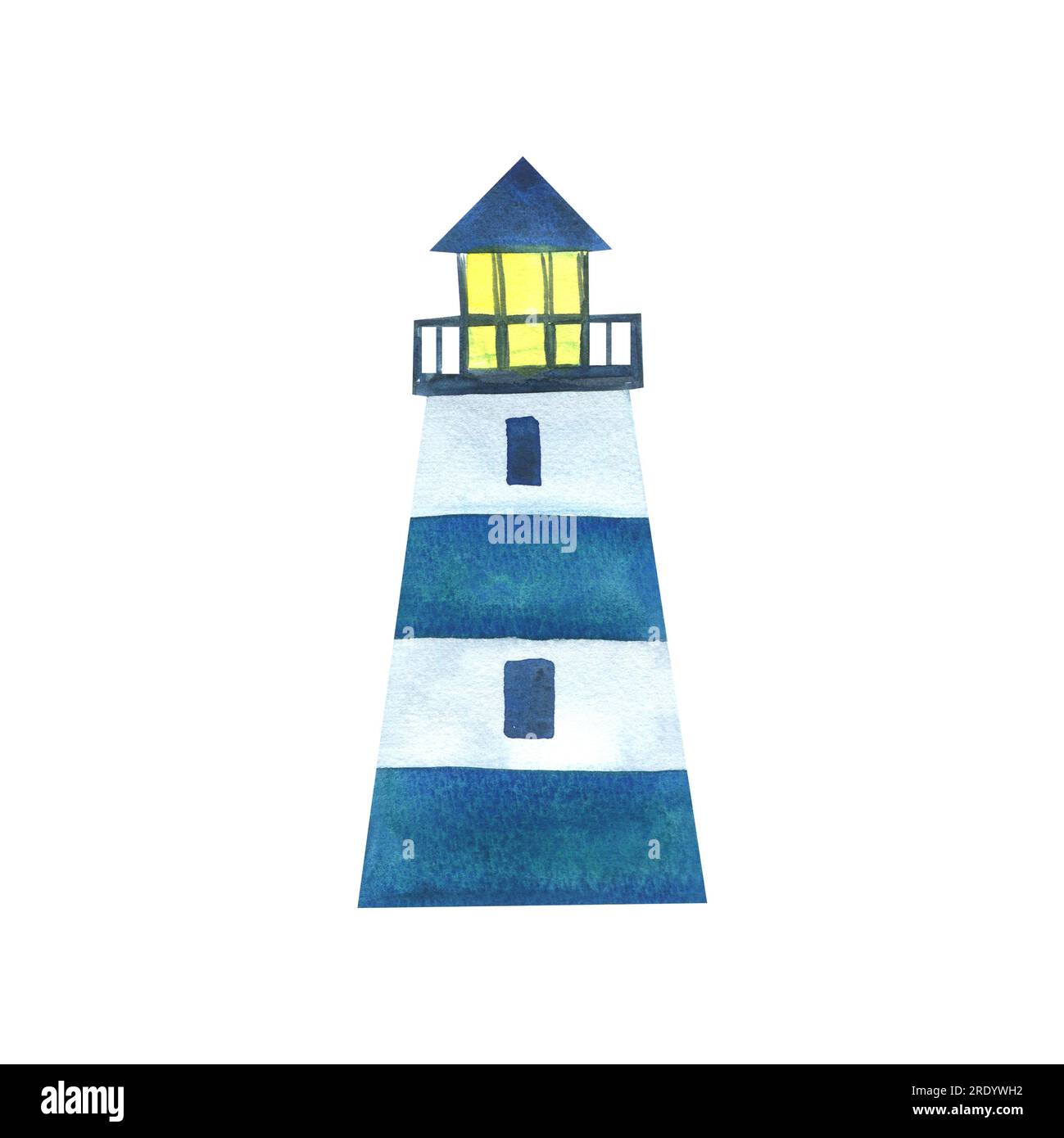 Striped lighthouse in nautical blue and yellow. Watercolor illustration ...